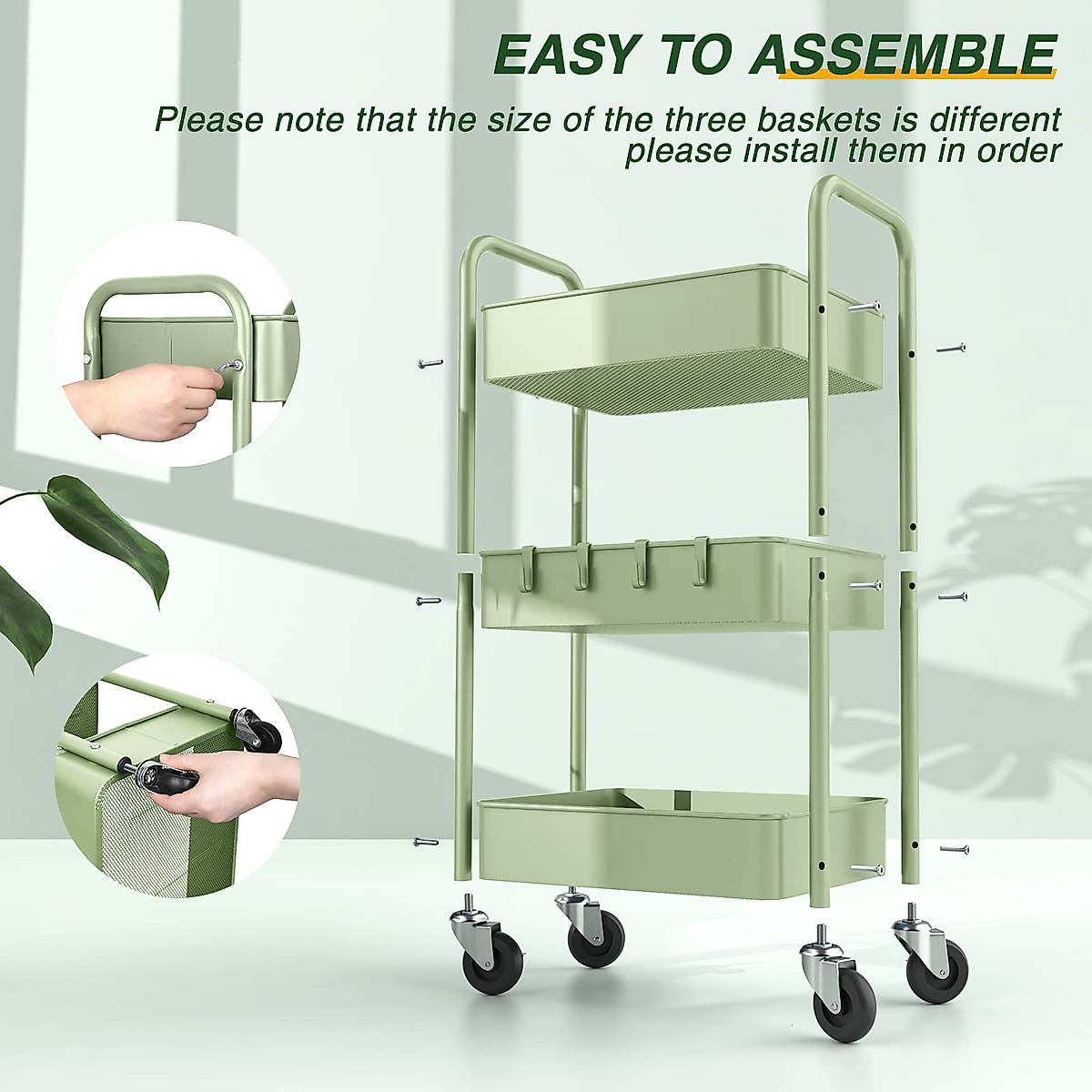 LEHOM 3 Tier Rolling Storage Cart, Metal Trolley Utility Cart with Wheels & Hooks, Easy Assembly Organizer Storage Cart for Bathroom Kitchen Office Bedroom (Green)