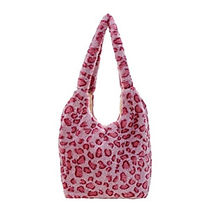 Plush Shoulder Bag Fluffy Leopard Print Tote Bag Cute Fuzzy Underarm Bag Handbag Bag Winter for Women Girls Pink