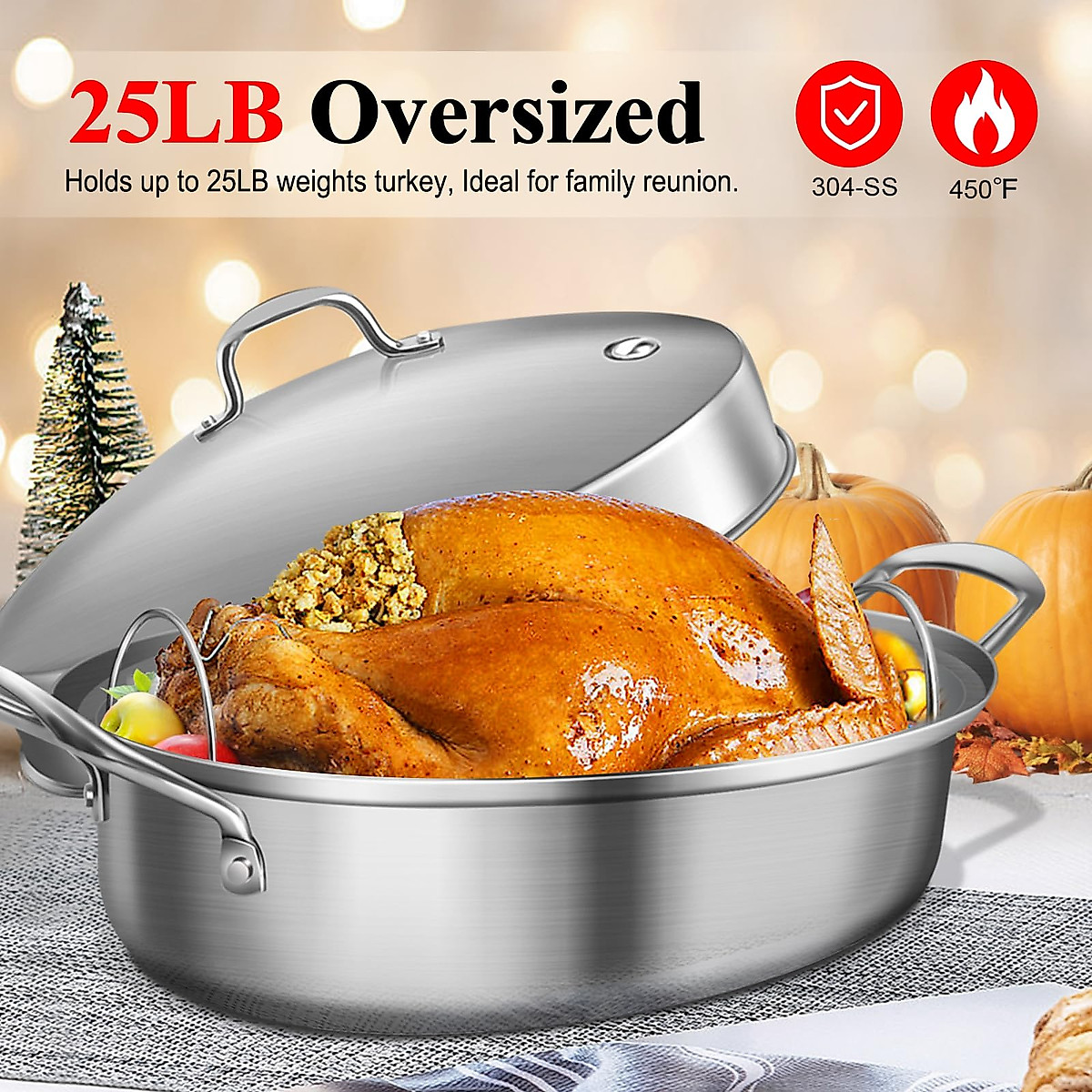 Roasting Pan, Turkey Roasting Pan with Rack and Lid for Chicken in Kitchen Thanksgiving Christmas, Gifts for Women Mother Wife Men, 21 Inch