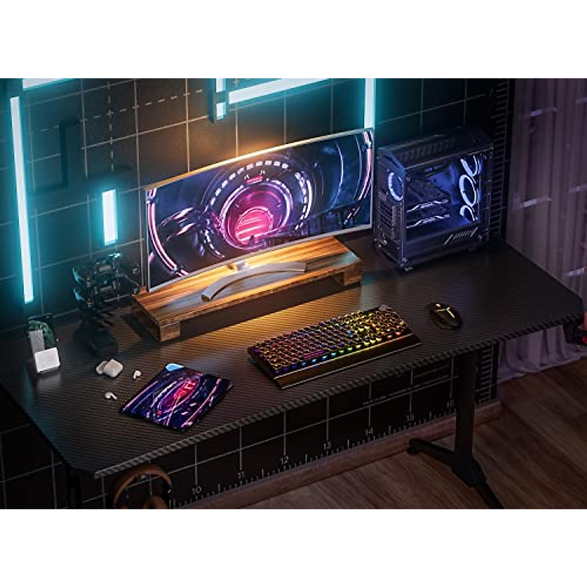 Furmax Gaming Desk T-Shaped Pc Computer Table with Carbon Fiber Surface Free Mouse Pad Home Office Desk Gamer Table Pro with Game Handle Rack Headphone Hook and Cup Holder (Black, 55 Inch)