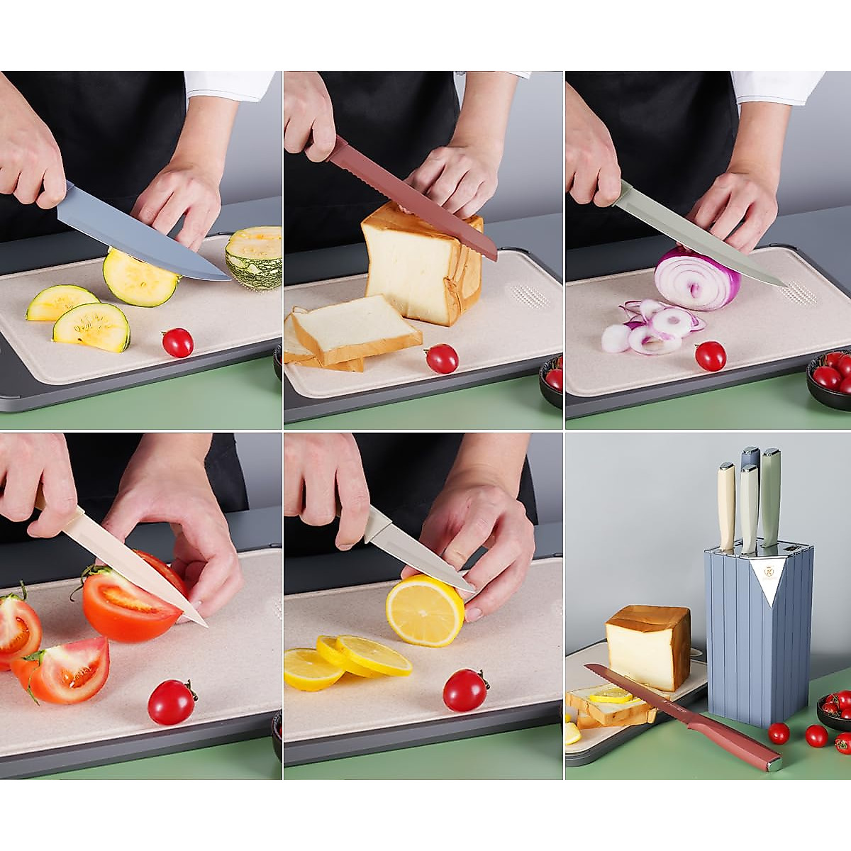 Knife Set, 6 Pcs Color-Coded Kitchen Knife Set with Block, 5 Color Anti-Rust Coating Stainless Steel Chef Knife Set, Super Sharp Kitchen Knives with Stand, Cooking Knives for Kitchen with Gift Box