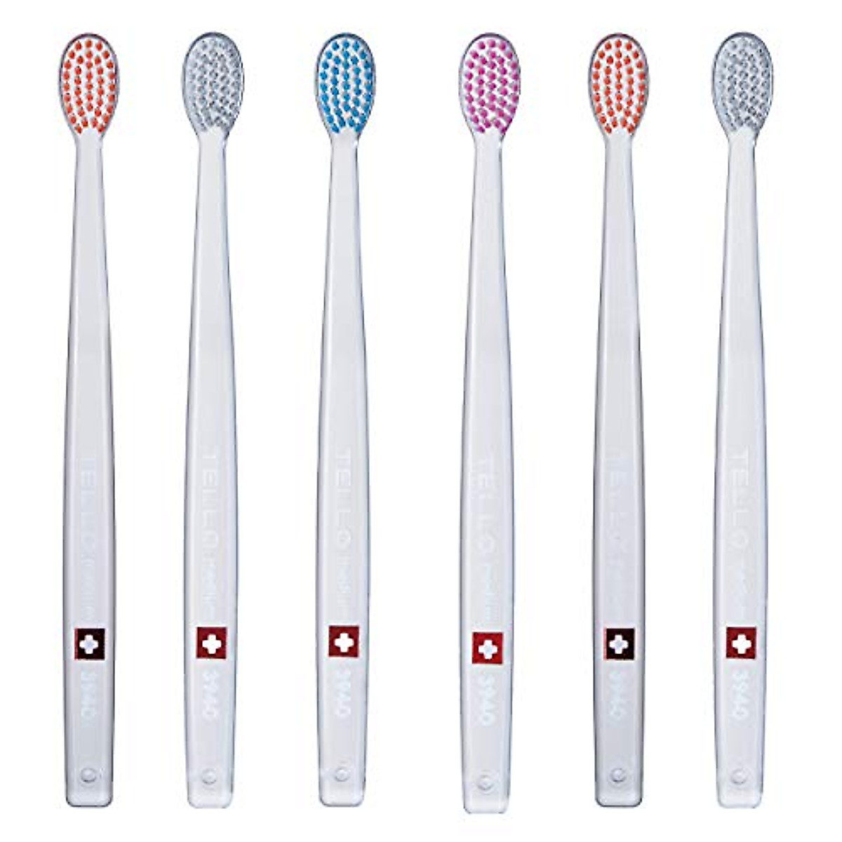 TELLO 3940 Adult Medium Swiss Toothbrush for Gentle Cleaning with Ergonomic Handle, 6 Count