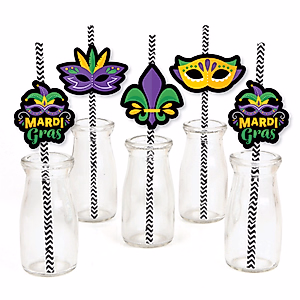 Big Dot of Happiness Colorful Mardi Gras Mask - Paper Straw Decor - Masquerade Party Striped Decorative Straws - Set of 24