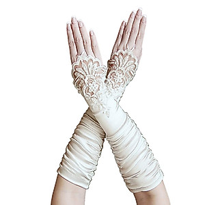 ZAZA BRIDAL Gathered Satin Fingerless Gloves w/Floral Embroidery Lace & Sequins-Ivory