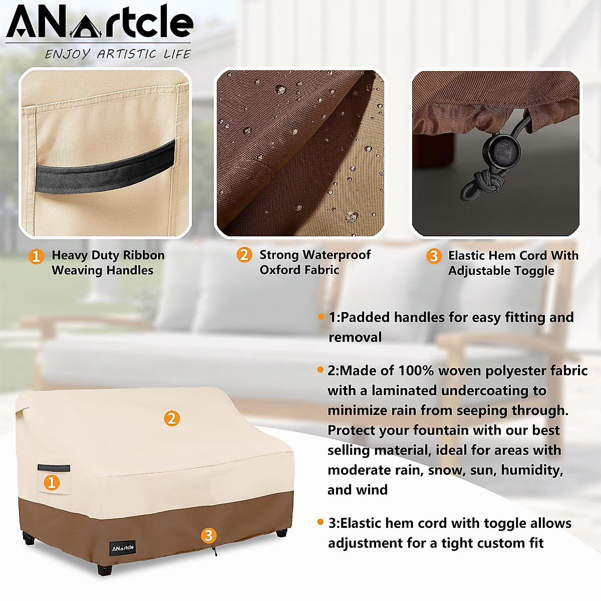 ANartcle 3-Seater Patio Sofa Cover,79W x 37D x 35H Inches Outdoor Couch Cover,100% Waterproof Heavy Duty Patio Sofa Covers,Patio Furniture Covers,Beige&Brown