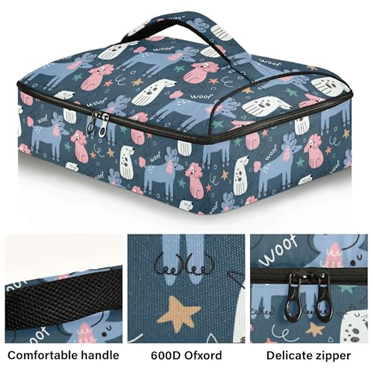 Kcldeci Insulated Thermal Food Carrier Insulated Casserole Carrier for Hot or Cold Food,Poodles on A Blue Insulated Tote Bag for Potluck Cookouts Parties Picnic,Lasagna Lugger