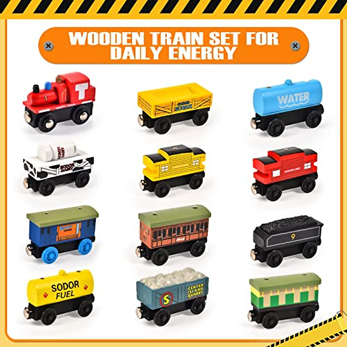 Atoylink 12Pcs Wooden Train Set Magnetic Train Toys for Toddlers Kids Engine Vehicles Toy Train Cars for Boys Girls Compatible with Train Tracks