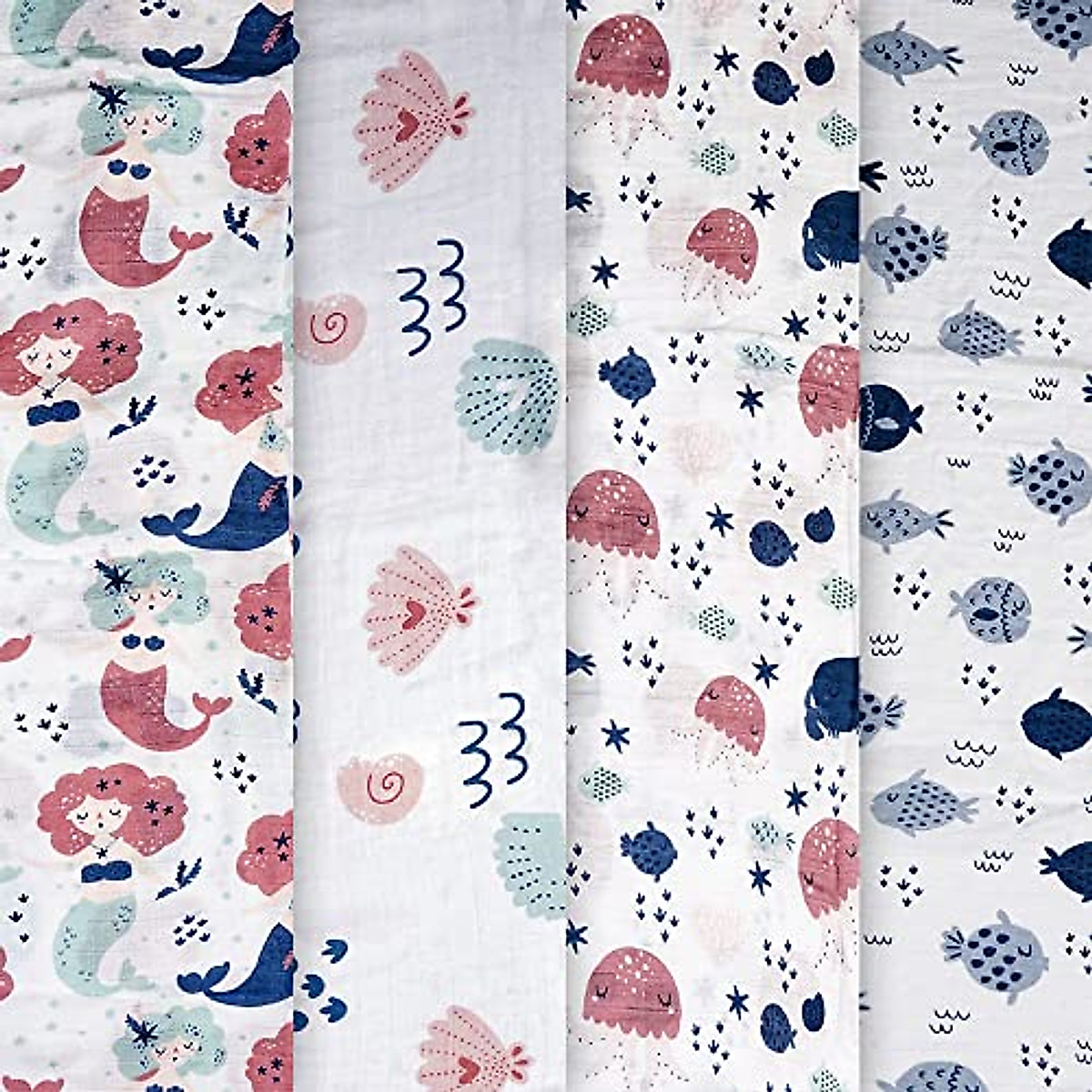 Viviland Muslin Swaddle Blanket, Baby Swaddle Blanket for Boys & Girls, Nursery Receiving Blanket for Newborn, Baby Swaddle Wrap Soft Silky & Breathable, 4 Packs, 47 X 47In, Mermaid & Sea