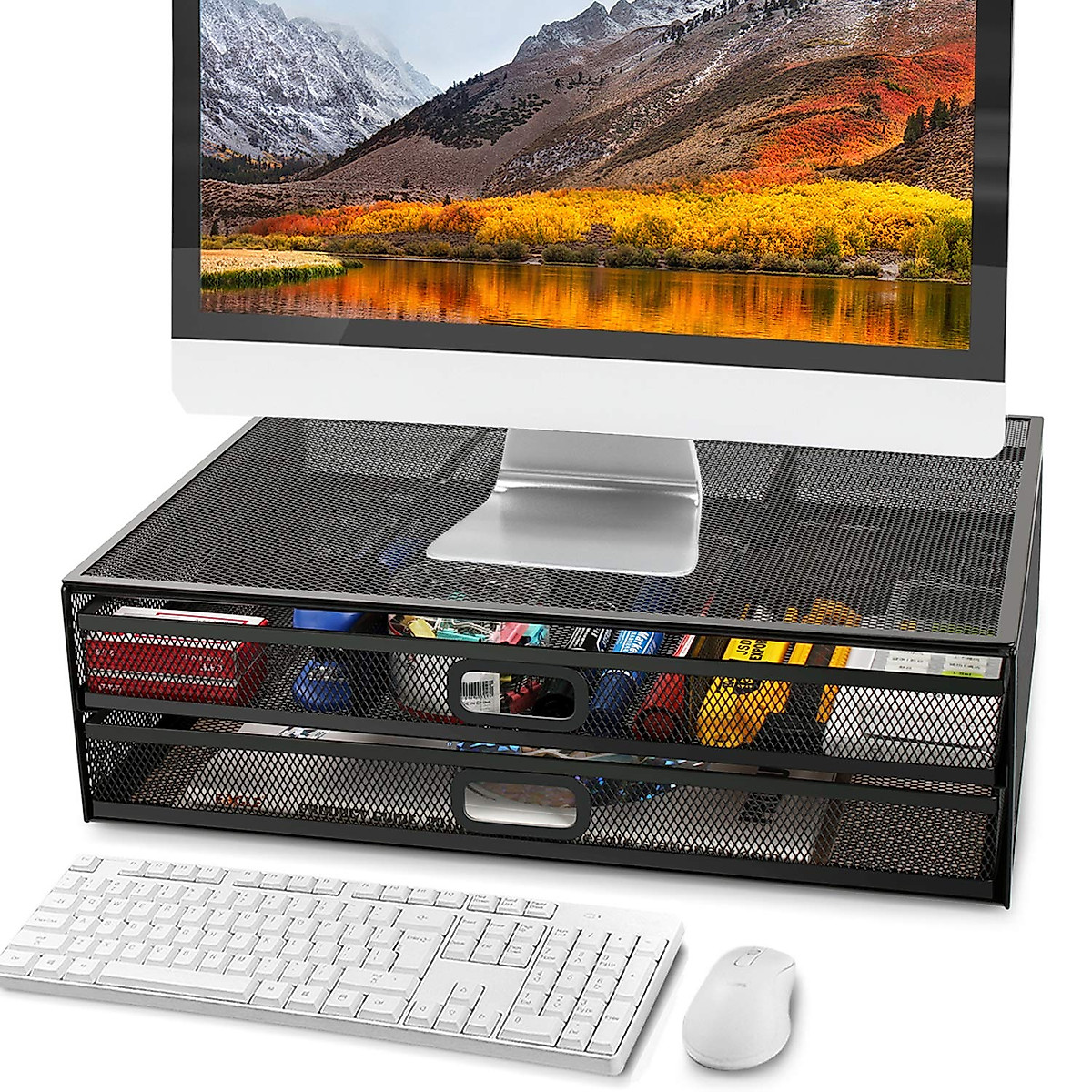 Monitor Stand Riser with Dual Pull Out Storage Drawer - Metal Mesh Desk ...