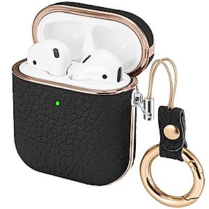 iHillon Compatible with Airpods 2 Case Cover, Genuine Leather TPU Full Protective Case with Keychain Compatible with Airpods 2 & 1 Support Wireless/Wired Charging (Front LED Visible) Black