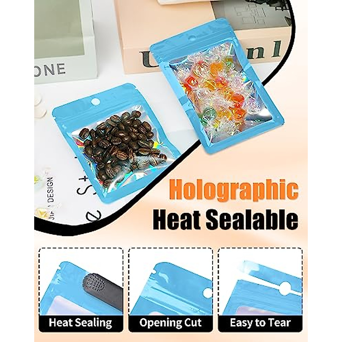 Holographic Bags Packaging Bags 300 PCS Blue Resealable Bags with Clear Window for Food Storage Small Business (Outer Size 3.54x5.31 Inch/Inner Size 3x4 Inch)