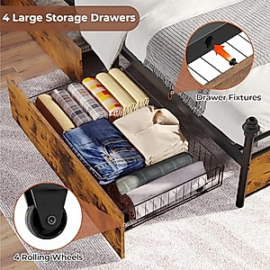FORABAMB Queen Bed Frame with 4 Drawers, LED Bed Frame Queen Size with Headboard and Charging Station, Metal Platform Bed with Storage, No Box Spring Needed, Easy Assembly, Rustic Brown