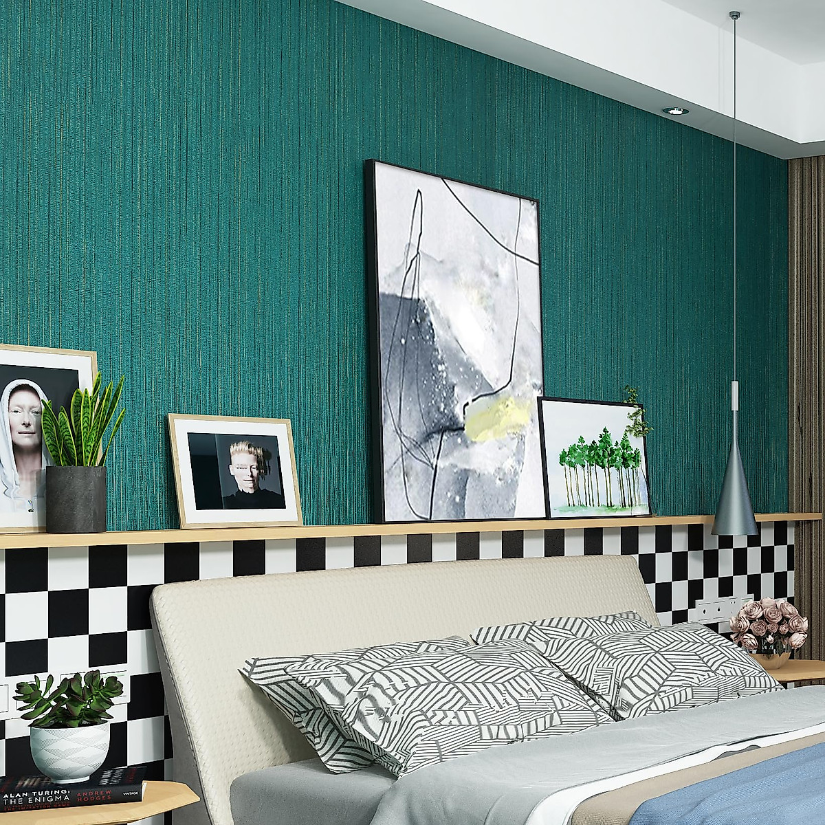 FunStick Teal Green Grasscloth Wallpaper Peel and Stick Textured Fabric Linen Wallpaper Self Adhesive Faux Grasscloth Contact Paper for Room Walls Cabinets Furniture Drawers Desk Removable 15.8"x78.8"