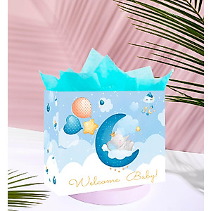 GFInYHM 13" Baby Boy Gift Bag for Baby Shower or Birthday with Handle, Tissue Paper and Greeting Card (Elephant)