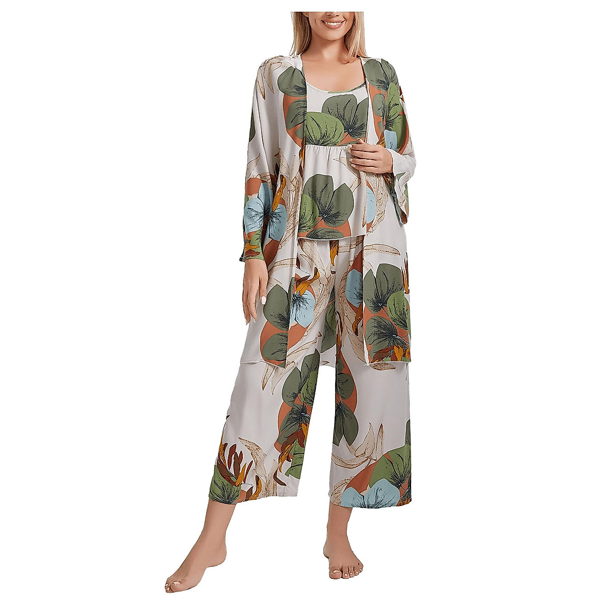 WDIRARA Women's 3 pcs Sleepwear Leaf Print Cami and Pants Pajama Set with Robe Multicolor S