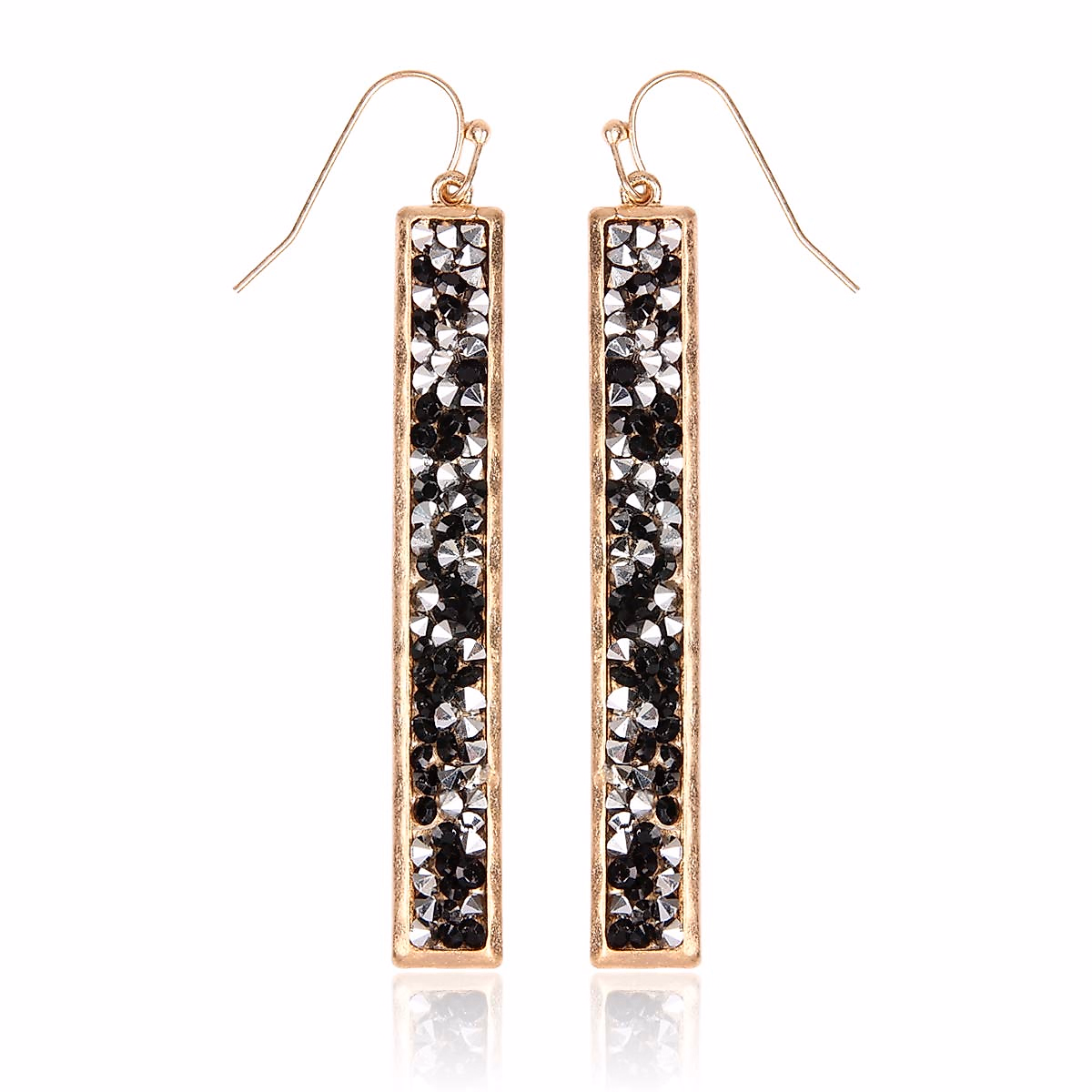 Glitter Rhinestone Statement Drop Earrings - Sparkly Crystal Geometric Metal Hook Dangles Vertical Bar, Elongated Teardrop, Shield Disc (Encrusted Jewel - Long Bar Black/Gold)