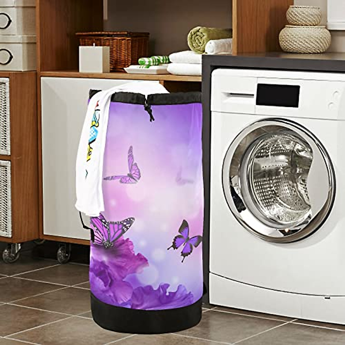 Laundry Bag, Butterfly Purple Large Laundry Backpack Dirty Clothes Organizer with Adjustable Shoulder Straps for College Dorm, Apartment, Travel Camp