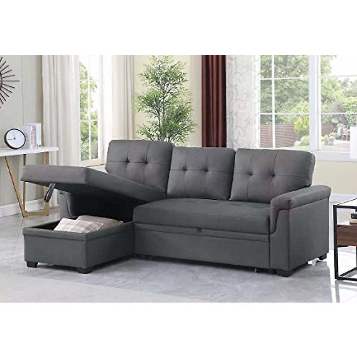 Lilola Home Lucca Performance Artificial Leather L-Shaped Pull-Out Sleeper Sofa Sectional with Reversible Storage Chaise and Solid Wood Frame, Gray