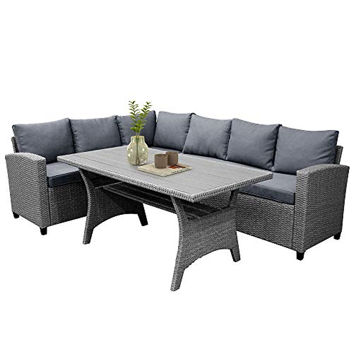 HHOK Patio PE Rattan Wicker Conversation Weather Sectional Sofa Set with Table & Soft Cushions, B-Gray Outdoor Furniture