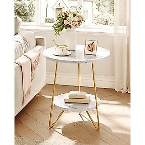 LITTLE TREE 2 Tier Faux Marble End Table Round Side Table with Shelves Small Coffee Accent Table for Living Room, White and Gold