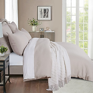 PHF Waffle Weave Duvet Cover Set Queen Size, 3PCS Washed Microfiber Boho Comforter Cover Set, Ultra Soft Comfy Duvet Cover with Pillow Shams Bedding Collection, 90"x90", Light Khaki