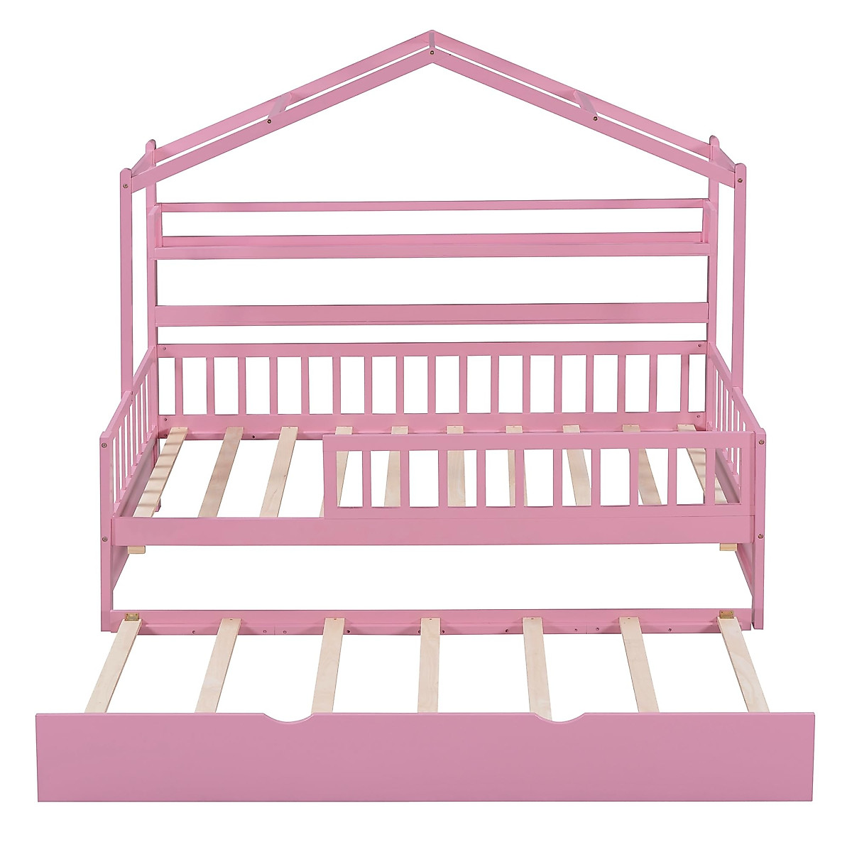Bellemave Wooden Twin Size House Bed with Trundle,Kids Twin Playhouse Platform Bed Frame with Storage Shelves,Montessori Be for Kids Teens Girls & Boys (Pink)