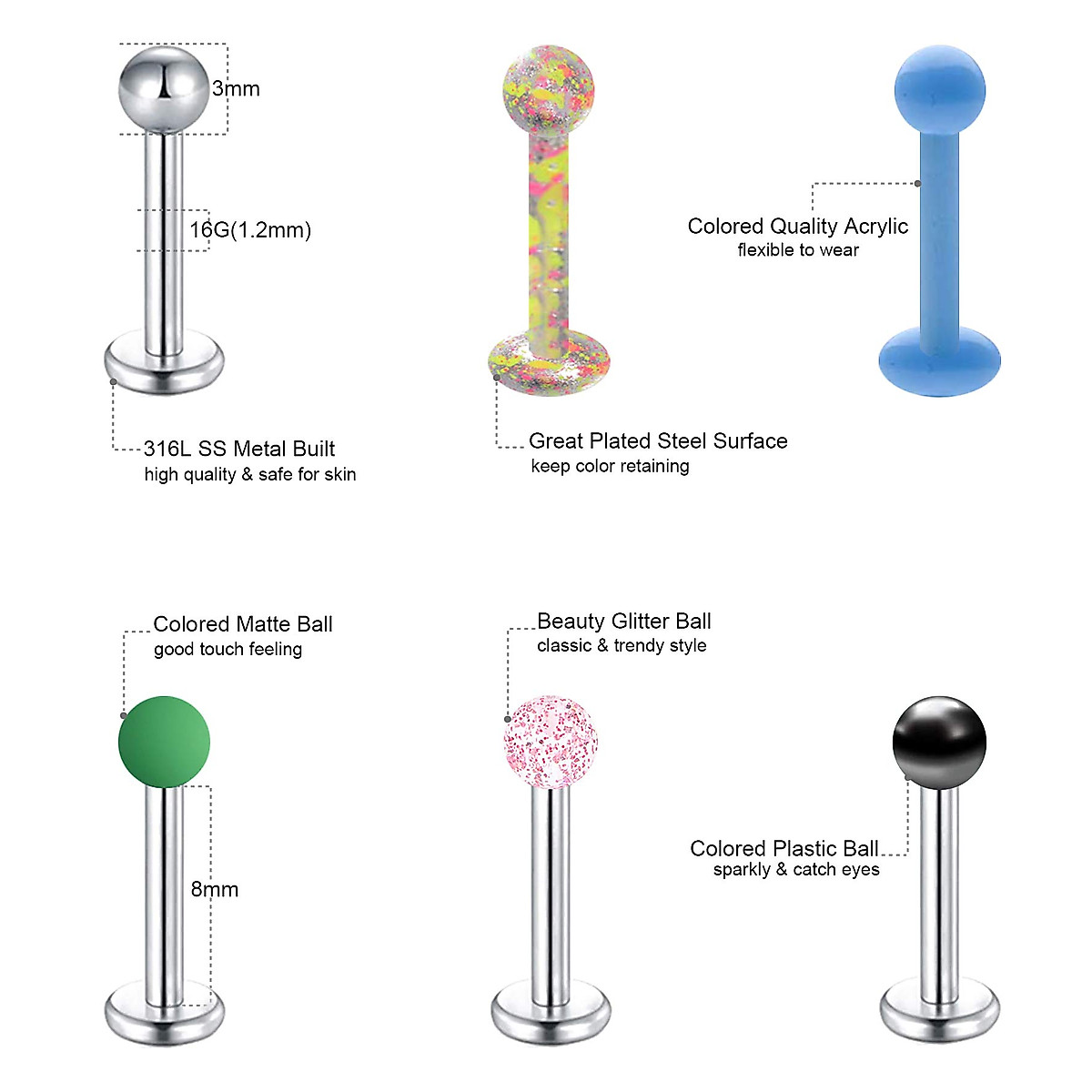 EVELICAL 48Pcs 16G Surgical Steel Lip Rings for Women Acrylic Labret Studs Monroe Conch Cartilage Tragus Helix Earrings Body Piercing Jewelry Style 1 8mm