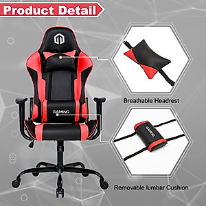 GOTMINSI Computer Gaming Chair with Headrest and Lumbar Cushion, Ergonomic Gaming Chair Office Chair 290lbs for Adults, Video Game Chairs Racing Chair High Back Leather Adjustable, (BK/Red)