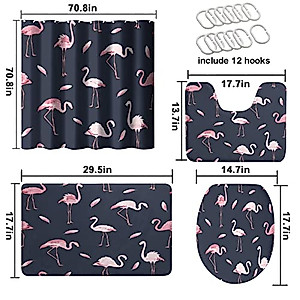 Zmcongz Flamingo 4 Pcs Shower Curtain Set Seamless Pattern Flamingo Feather Bathroom Decor Bath Curtain with Rugs Toilet Lid Cover Bath Mat, 72x72 Inch