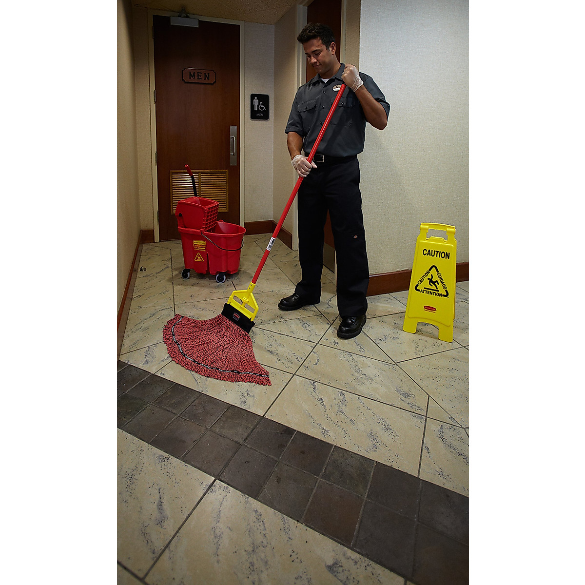 Rubbermaid Commercial Products Multilingual Caution Sign, 26-Inch, Yellow, 2-Sided, High Visibility Floor Warning Sign for Office/Restroom/Restaurant/School/Business/Hospital/Distribution Facility