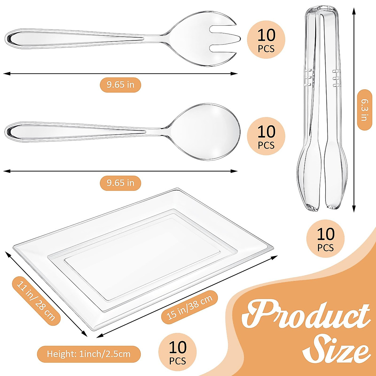 Tioncy 40 Pcs Plastic Serving Utensils Set Disposable Clear Utensils Include 30 Pcs 9" Plastic Serving Spoon Forks Tongs and 10 Pcs 15'' X10'' Plastic Serving Trays Serving Food Party Buffet Cutlery