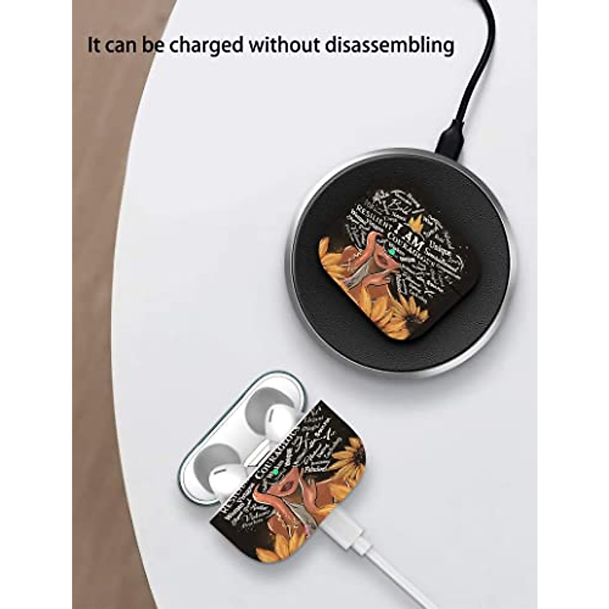 Airpods Pro Case Black Girl, OTOPO Cute Air pods Pro Accessories Protective Hard Case Cover Portable & Shockproof Women with Keychain for Airpods Pro Charging Case (Sunflower African American Women)