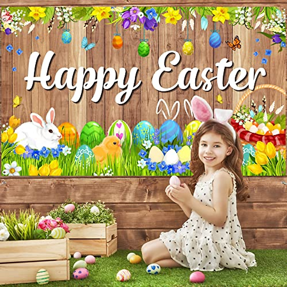 Happy Easter Decorations Easter Backdrops Photography Banner Bunny Grassland Rustic Wood Background Eggs Banner for Jesus Easter Spring Party Decorations, 70.8 x 43.3 Inch