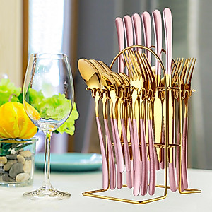 24 Pieces Silverware Set, Stainless Steel Flatware Set with Silverware Holder Spoons Forks Knives Set,Utensils Set Service for 6,Cutlery Set for Kitchen (Pink)