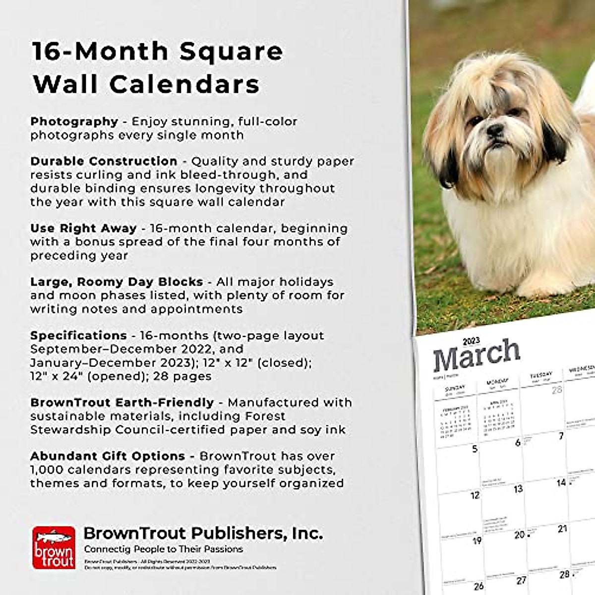 Shih Tzu | 2023 12 x 24 Inch Monthly Square Wall Calendar | Foil Stamped Cover | BrownTrout | Animals Small Dog Breeds DogDays