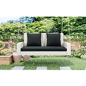 HomSof 2-Person Wicker Hanging Porch Swing with Chains, Cushion, Pillow, Rattan Swing Bench for Garden, Backyard, Pond. (Brown Wicker, Beige Cushion), 50"