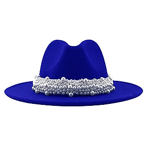 Qkrlamx Black Fedora Hats for Women Wool Panama Hat with Pearl Band Wide Brim Felt Hat Classic Trilby Hat Blue