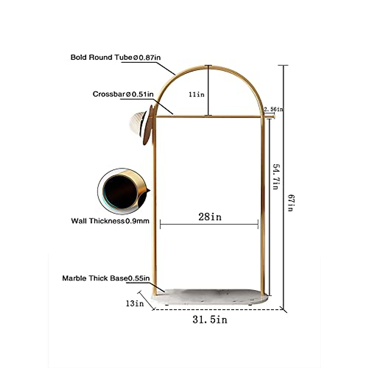 Gold Clothing Rack, Modern Clothes Rack with Marble Base, Heavy-duty Coat Racks Freestanding for Boutiques, Can Hang Jacket Garment, Hat, Scarf, Organize Shoes 31.5” W