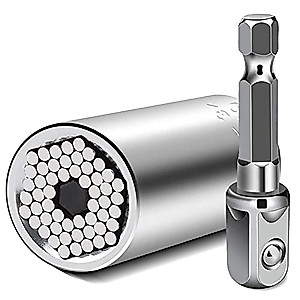 HTWORGRE Universal Socket, 1/4"-3/4" (7mm to 19mm) Ratchet Universal Socket Set with Wrench Power Drill Adapter - Best Tool Present for Handyman Men Husband Father Boyfriend Him (Silver)