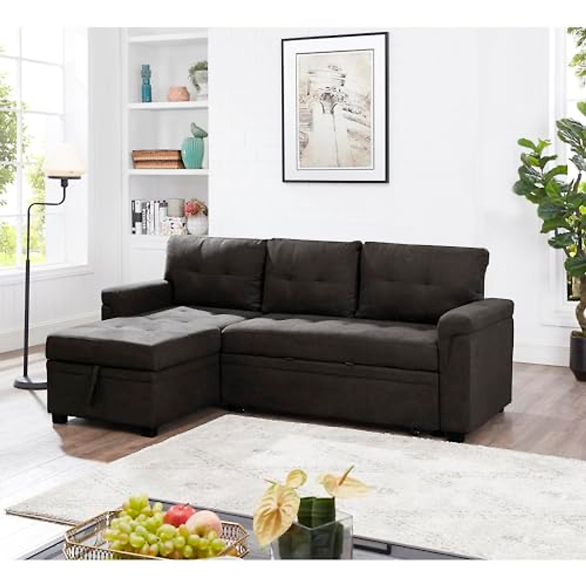 Naomi Home Modern Sectional Sofa with Storage Chaise Espresso/Velvet