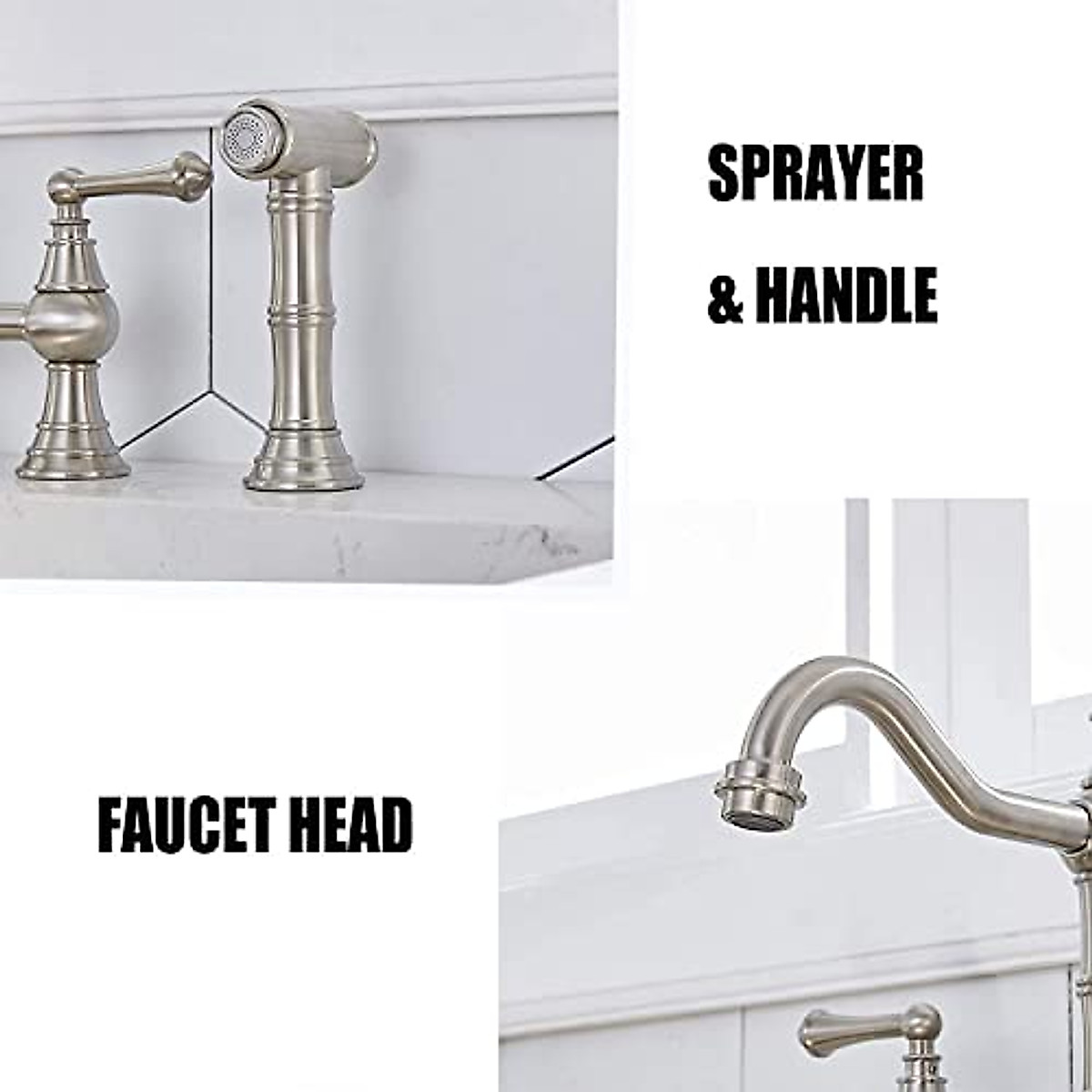 VCCUCINE Bridge Kitchen Faucet, 4 Hole Kitchen Faucet with Side Sprayer, Antique Brass 8 Inch Centerset 2 Handle Farmhouse Sink Faucet, Stainless Steel Kitchen Faucets for Sink 3 Hole