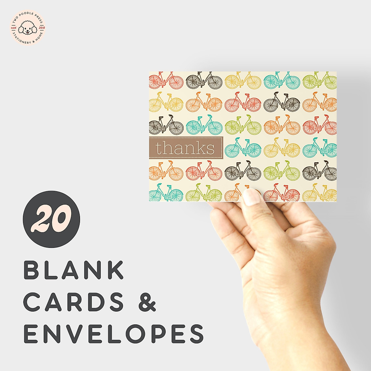 Two Poodle Press 20 Bicycle Thank You Greeting Cards - For Bikes, Cyclists, Pelotonia, Charity Bike Rides Nancy Stationery with Matching Cream Envelopes Birthday Present for Bicycle Lovers