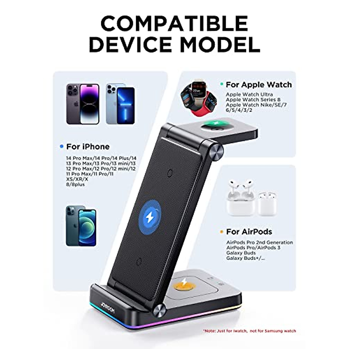 3 in 1 Wireless Charging Station, JOYROOM【Foldable & Double Coil】 Foldable Wireless Charger Compatible with iPhone15/14/13 Pro Max, Apple Watch Ultra/8/7/6/5, and Airpods Pro/2nd/3