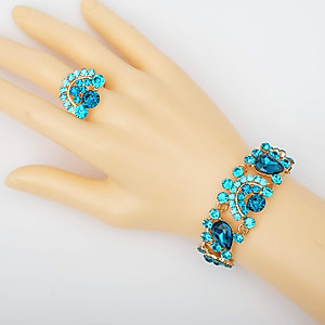 CSY 4 Pcs/Sets Elegant Crystal Necklace Earrings Bracelet Ring Bridal Wedding Costume Jewelry Sets for Brides Women Gifts (gold plated-aquamarine)