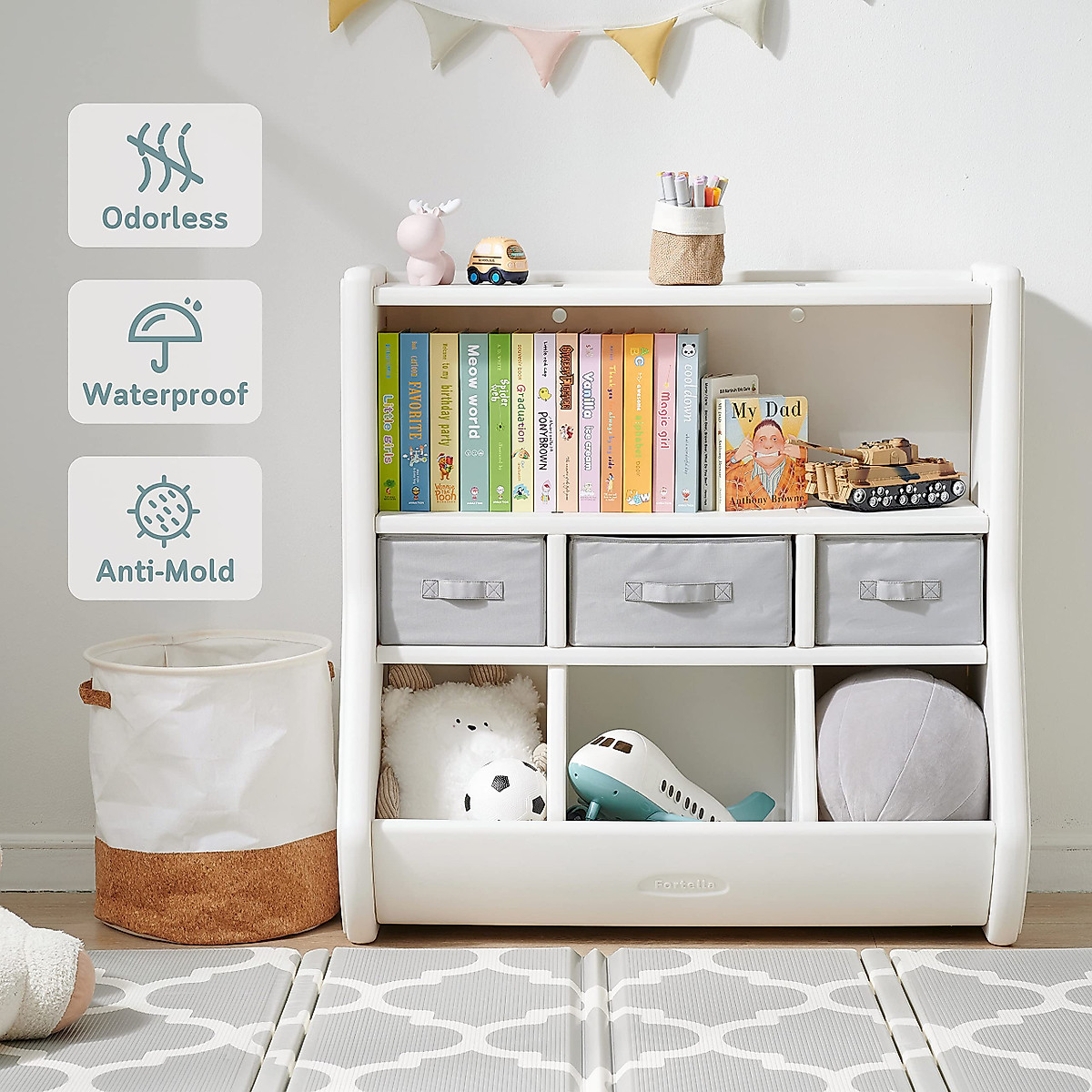 The Montessori Toy Storage Organizer by Fortella, with Bookshelf, Display Shelf, 3 Large Bins, and 3 Removable Drawers, Made of BPA and Formaldehyde FREE HDPE, Safe and Modern Toy Box Cabinet for Kids