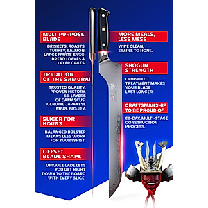 Dalstrong Slicing Knife - Offset Blade Carving Knife - 12 inch - Shogun Series ELITE - Japanese AUS-10V Super Steel Kitchen Knife - G10 - Damascus - Vacuum Treated - Sheath - Bread Knife, Meat Slicer