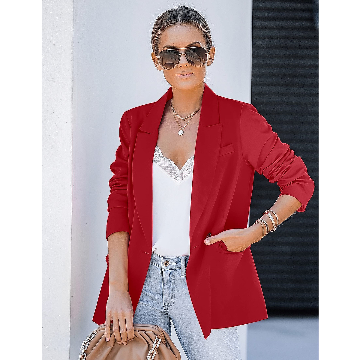 luvamia Women Casual Long Sleeve Lapel Oversized Work Blazer Boyfriend Jacket True Red Blazer for Women Plus Size Blazer Womens Casual Blazer Size X-Large Fits Size 16 / Size 18