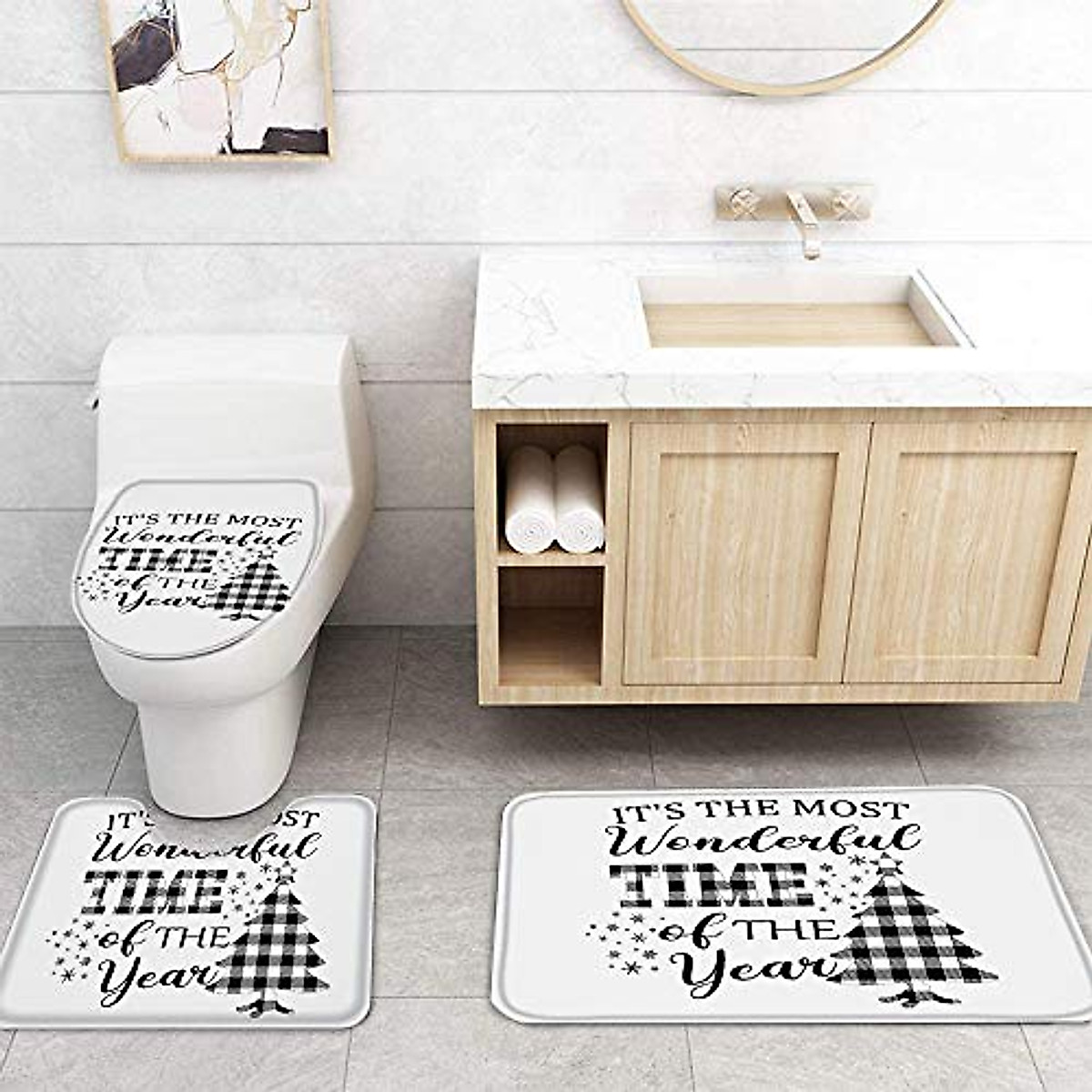 4 Pcs Shower Curtain Sets with Non-Slip Rugs, Toilet Lid Cover, Bath Mat Buffalo Black White Plaid Christmas Tree Snowflake Bathroom Decor Shower Curtain with 12 Hooks Waterproof Polyester Fabric