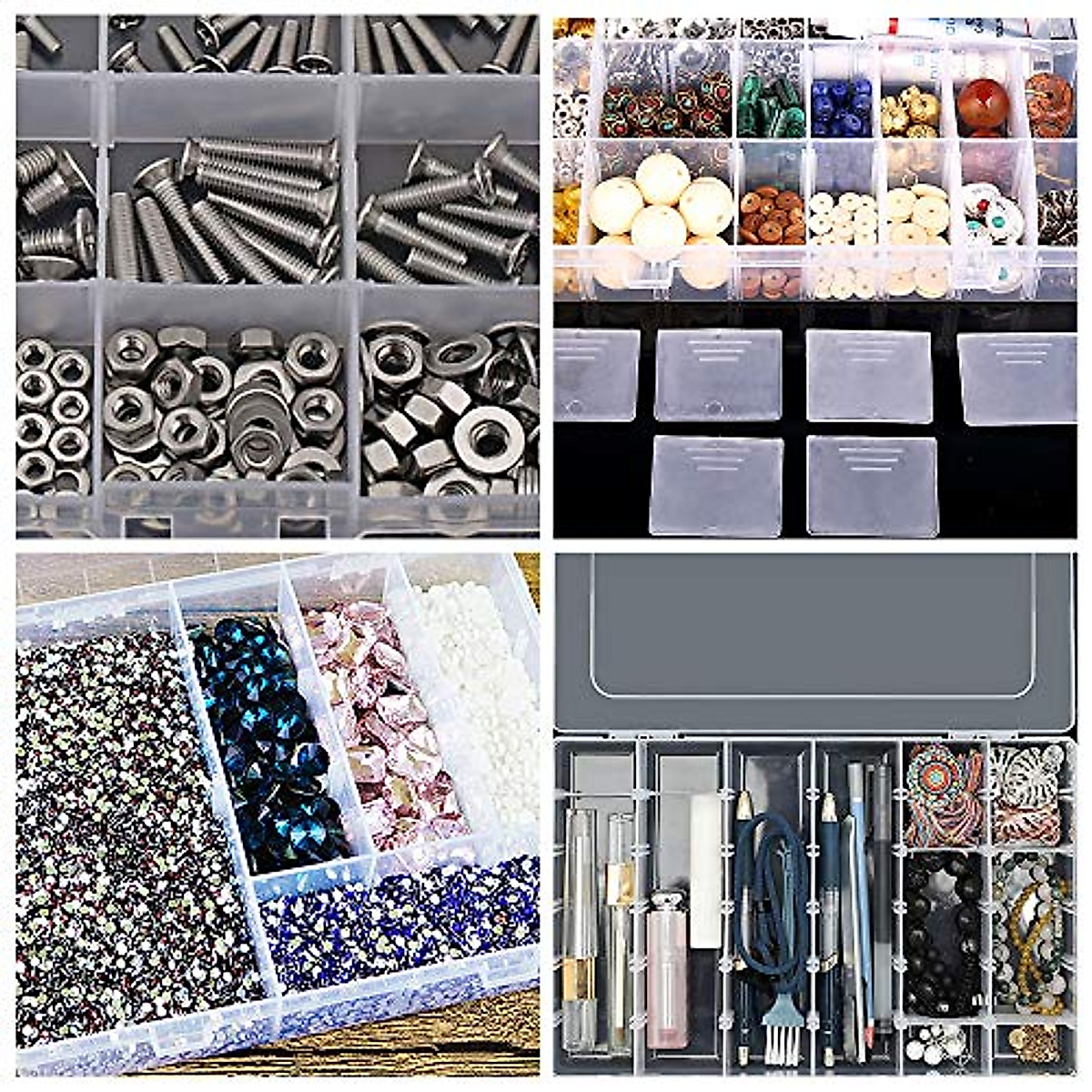 VIUJUH 36 Grids Clear Plastic Bead Organizer Jewelry Storage Box for Bead Storage, Felt Board Letters, Fishing Tackle, Loom Bands, Craft, Rock Collection with Adjustable Dividers (4 Packs)