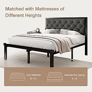 Einhomn Queen Bed Frame, Metal Platform Bed Frame with Button Tufted Linen Upholstered Headboard, Sturdy Steel Slats, 12" Underbed Storage, No Box Spring Needed, Grey